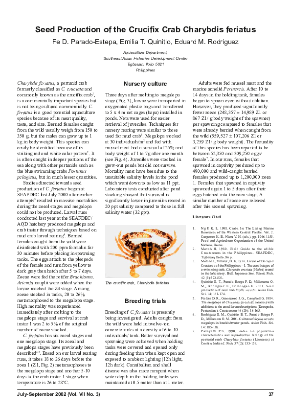 (PDF) Seed production of the Crucifix Crab Charybdis feriatus