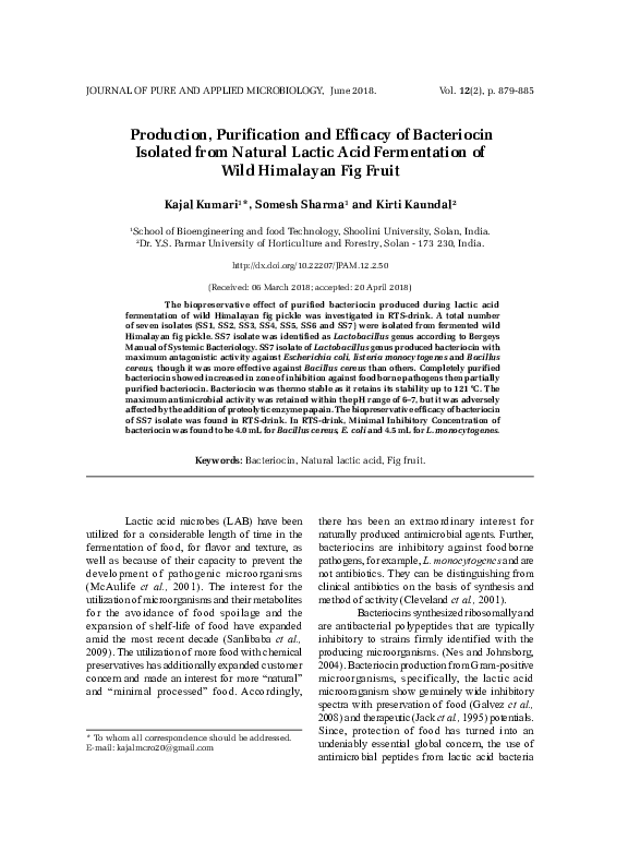 (PDF) Production, Purification and Efficacy of Bacteriocin Isolated from Natural Lactic Acid ...