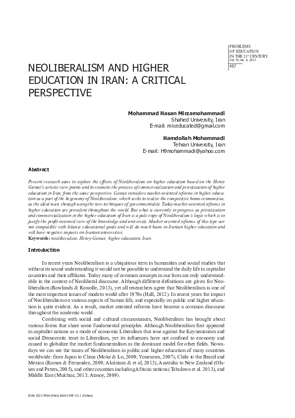 (PDF) Neoliberalism and Higher Education in Iran: A Critical Perspective