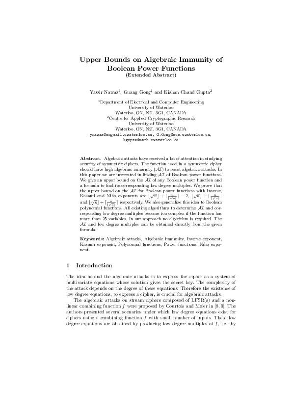 Pdf Algebraic Immunity Of Boolean Power Functions