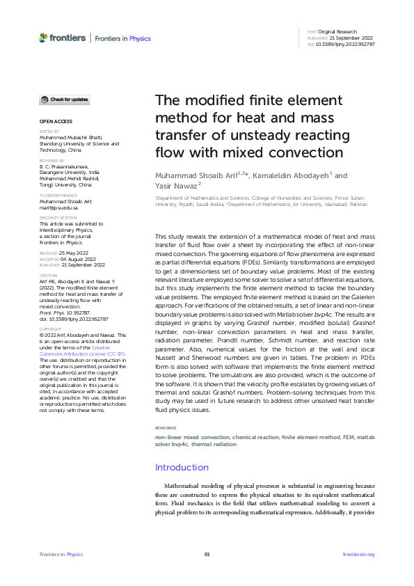 Pdf The Modified Finite Element Method For Heat And Mass Transfer Of Unsteady Reacting Flow