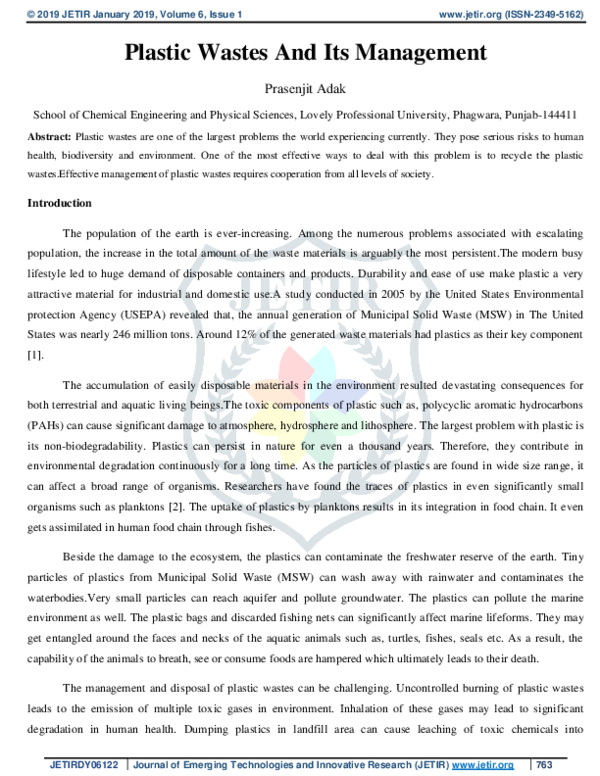 (PDF) Plastic Wastes And Its Management