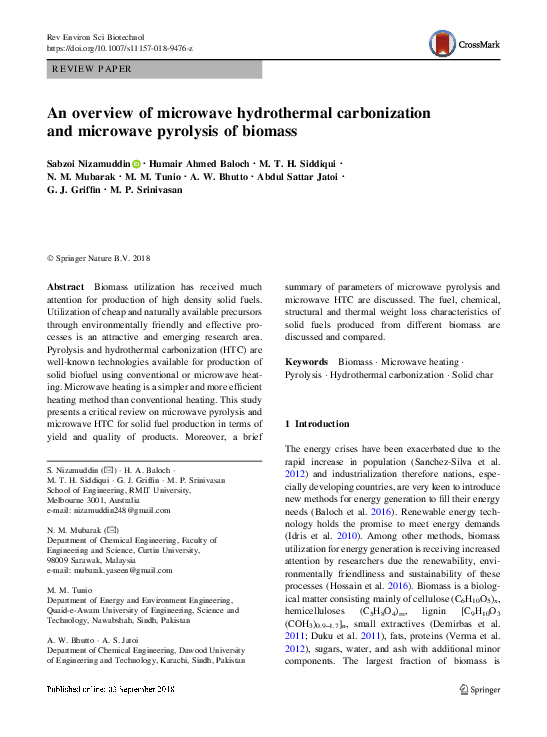 (PDF) An overview of microwave hydrothermal carbonization and microwave pyrolysis of biomass