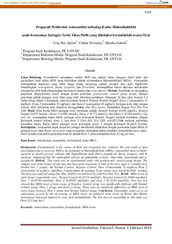 (PDF) Pengaruh Pemberian Astaxanthin terhadap Kadar Malondialdehid pada ...
