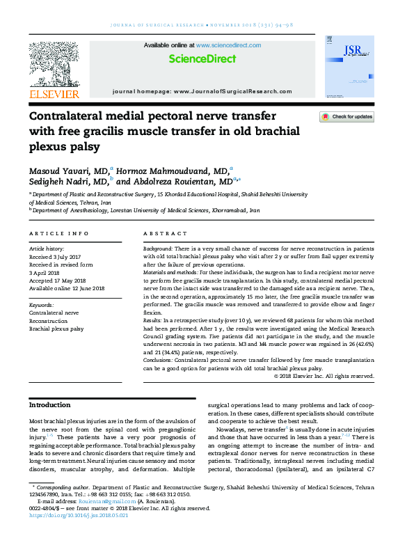 (PDF) Contralateral medial pectoral nerve transfer with free gracilis ...