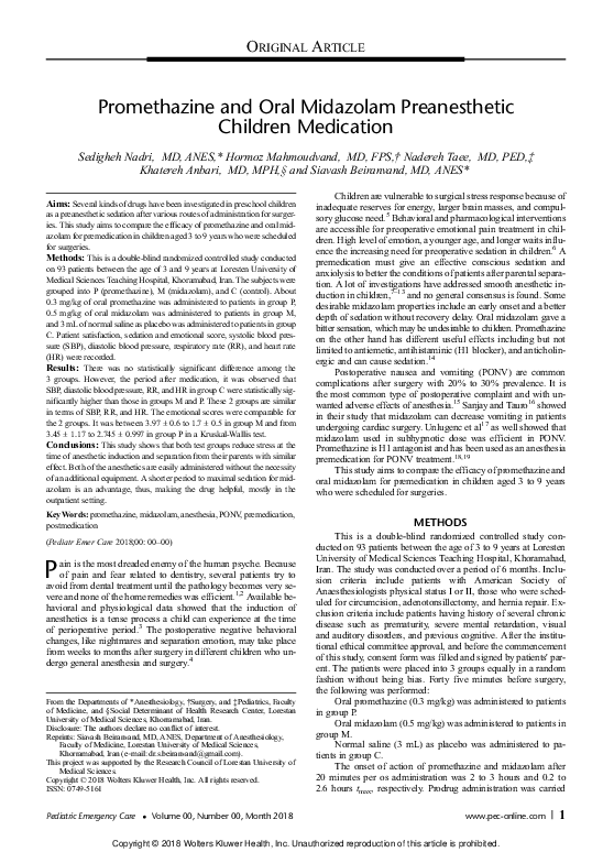 (PDF) Promethazine and Oral Midazolam Preanesthetic Children Medication