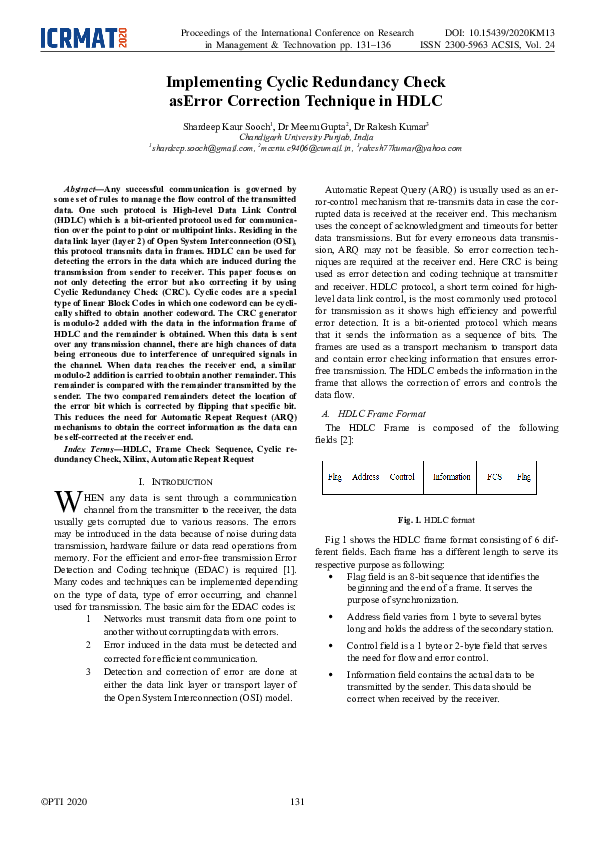 Pdf Implementing Cyclic Redundancy Check As Error Correction Technique In Hdlc