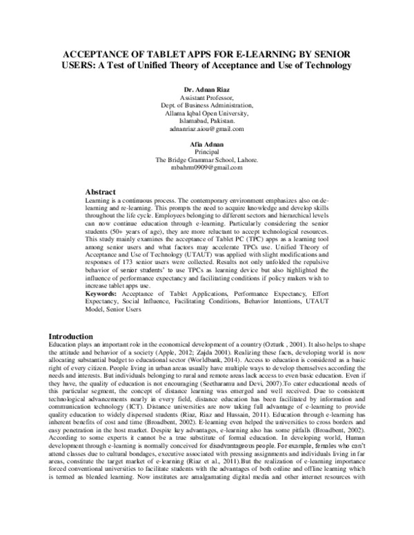 (PDF) Acceptance of Tablet Apps for E-learning by Senior Users: A Test ...
