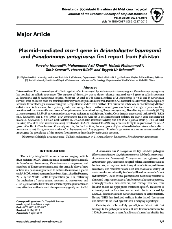 (PDF) Plasmid-mediated mcr-1 gene in Acinetobacter baumannii and ...