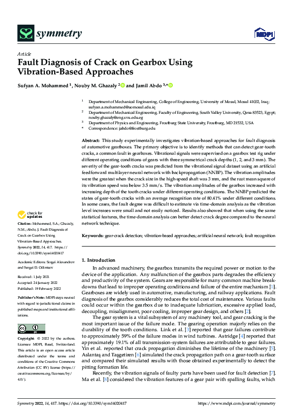 (PDF) Fault Diagnosis of Crack on Gearbox Using Vibration-Based Approaches
