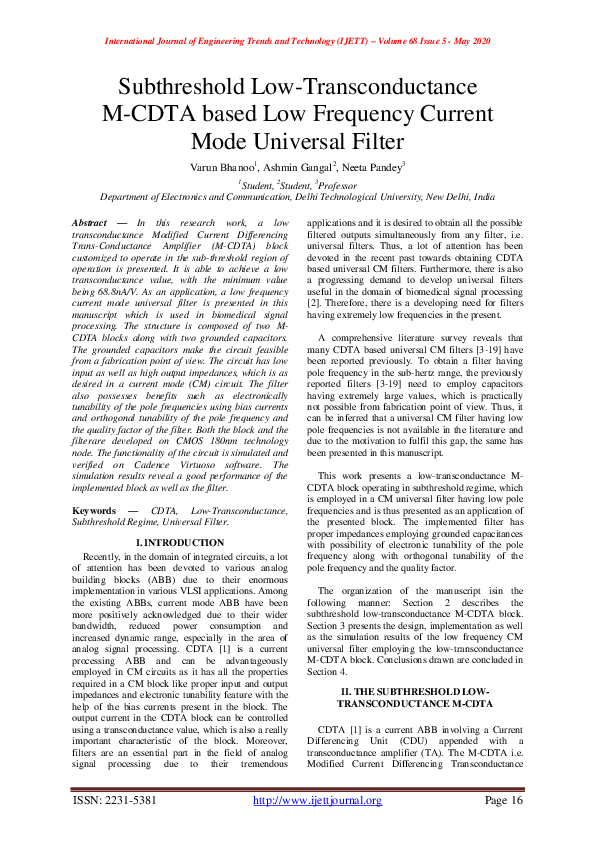 (PDF) Subthreshold Low-Transconductance M-CDTA based Low Frequency Current Mode Universal Filter