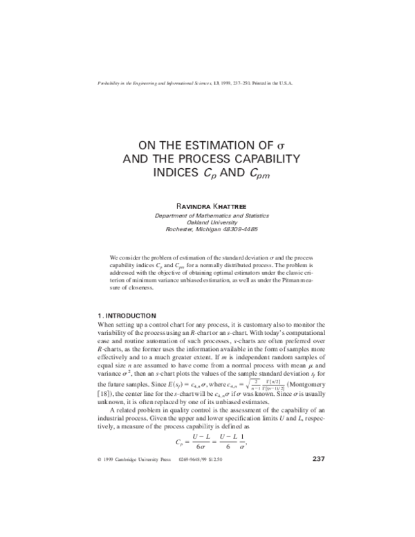 (PDF) ON THE ESTIMATION OF [sgr] AND THE PROCESS CAPABILITY INDICES Cp AND Cpm