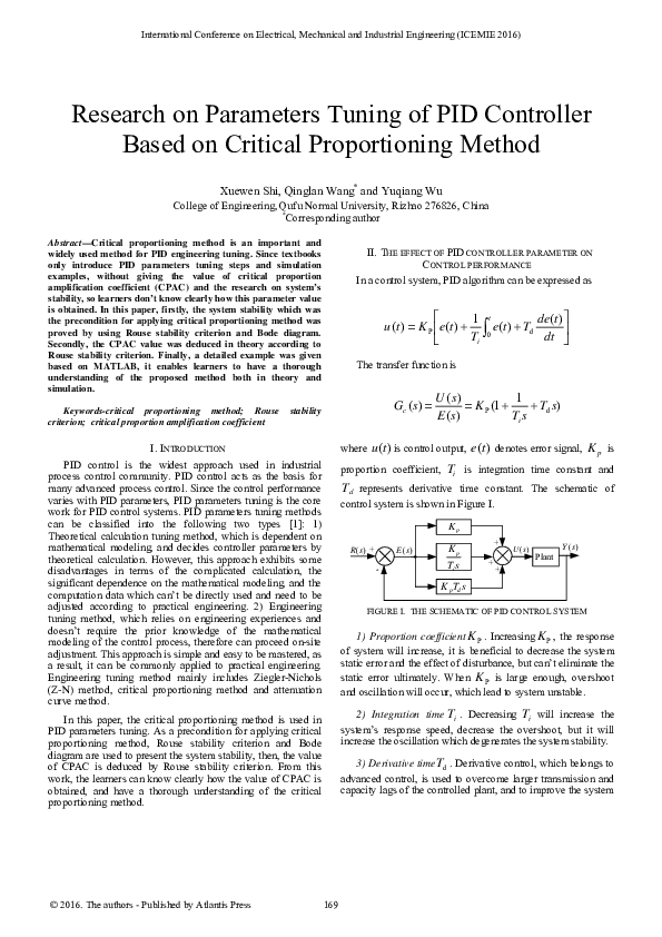 (PDF) Research on Parameters Tuning of PID Controller Based on Critical Proportioning Method