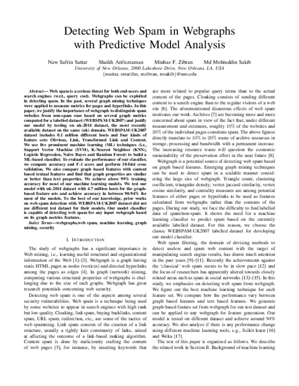 Pdf Detecting Web Spam In Webgraphs With Predictive Model Analysis