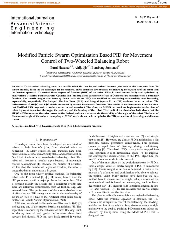 (PDF) Modified Particle Swarm Optimization Based PID for Movement Control of Two-Wheeled ...