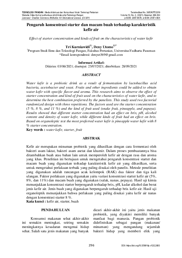 (PDF) Pengaruh konsentrasi starter dan macam buah terhadap karakteristik kefir air