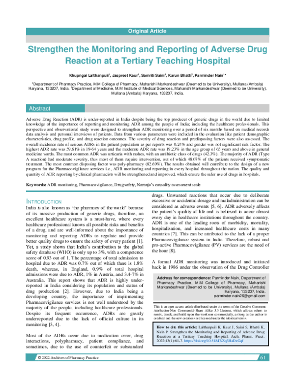 (PDF) Strengthen the Monitoring and Reporting of Adverse Drug Reaction ...