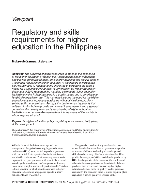 (PDF) Regulatory and Skills Requirements for Higher Education in the ...