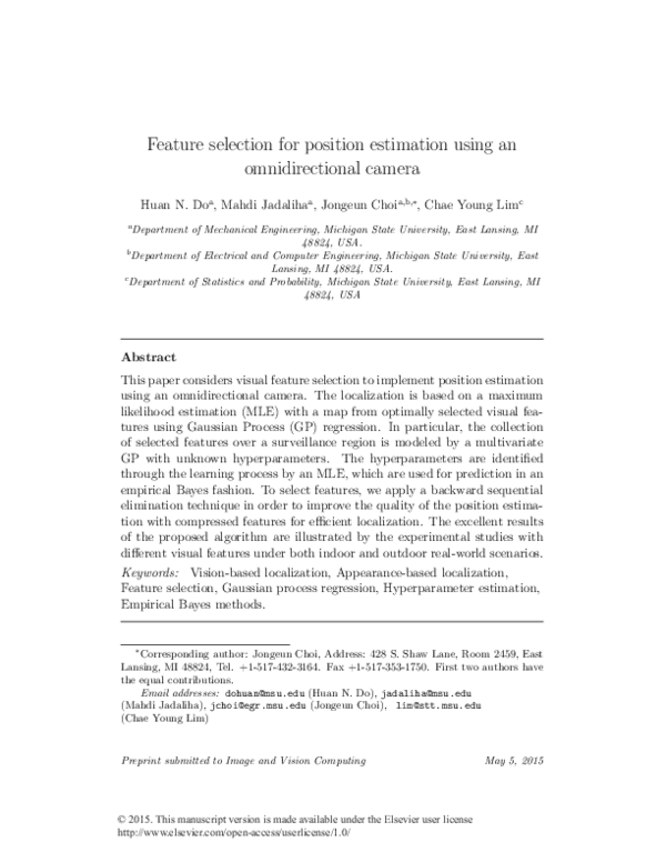 Pdf Feature Selection For Position Estimation Using An