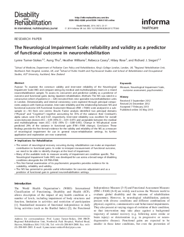 (PDF) The Neurological Impairment Scale: reliability and validity as a ...