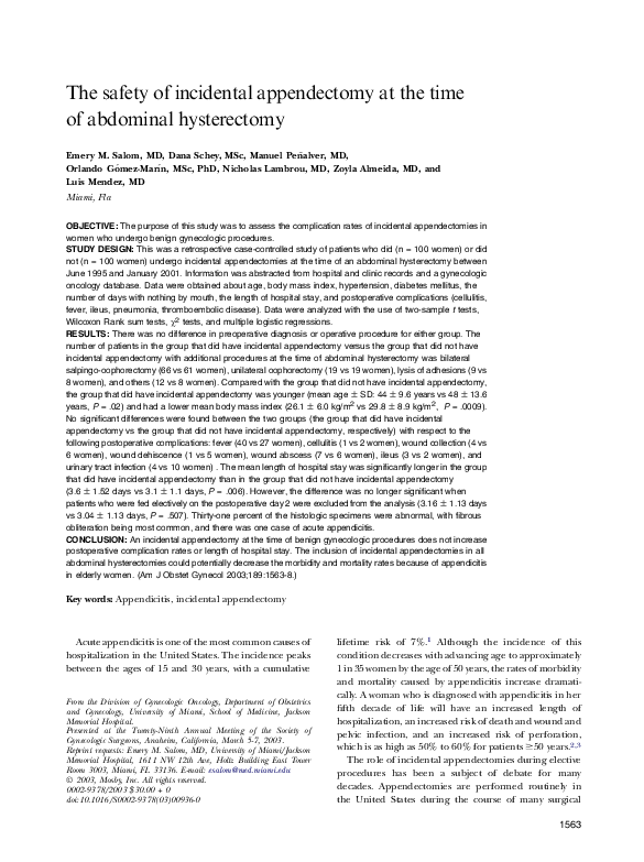 (PDF) The safety of incidental appendectomy at the time of abdominal ...
