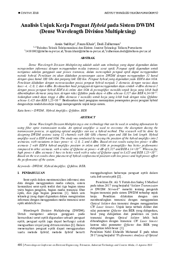 (PDF) Analisis Unjuk Kerja Penguat Hybrid pada Sistem DWDM (Dense Wavelength Division Multiplexing)