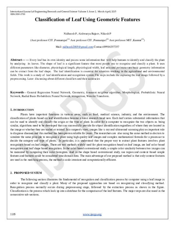 (PDF) Classification of Leaf Using Geometric Features