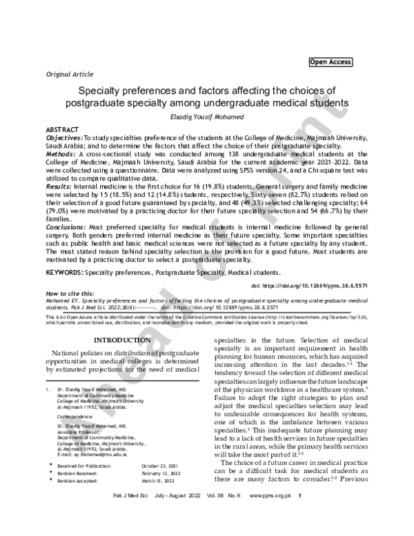 Specialty preferences and factors affecting the choices of postgraduate ... Specialty preferences and factors affecting the choices of postgraduate ...