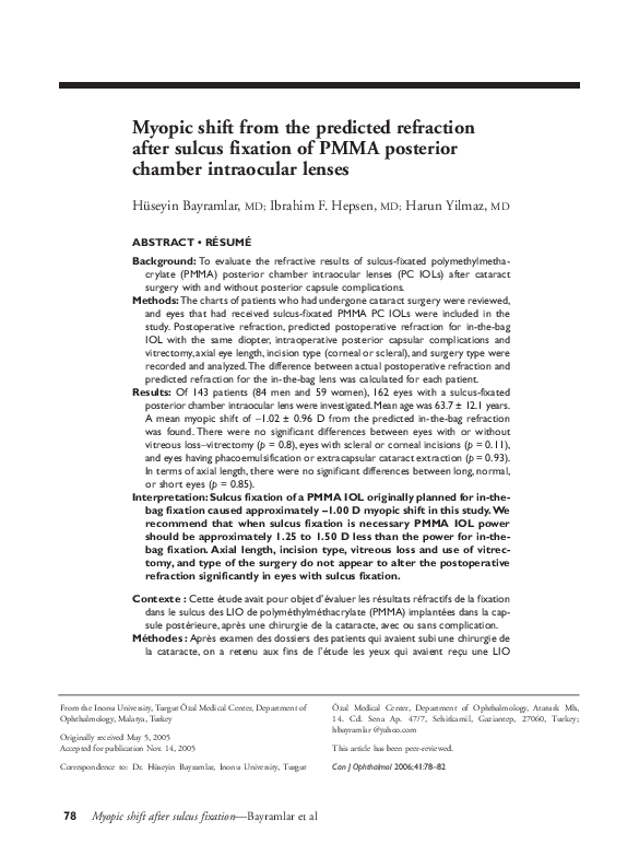 (PDF) Myopic shift from the predicted refraction after sulcus fixation ...