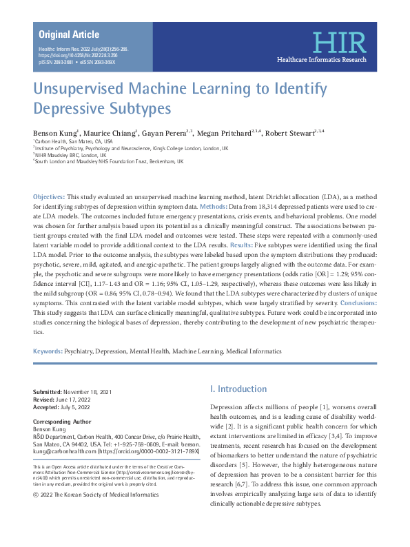 (PDF) Unsupervised Machine Learning to Identify Depressive Subtypes