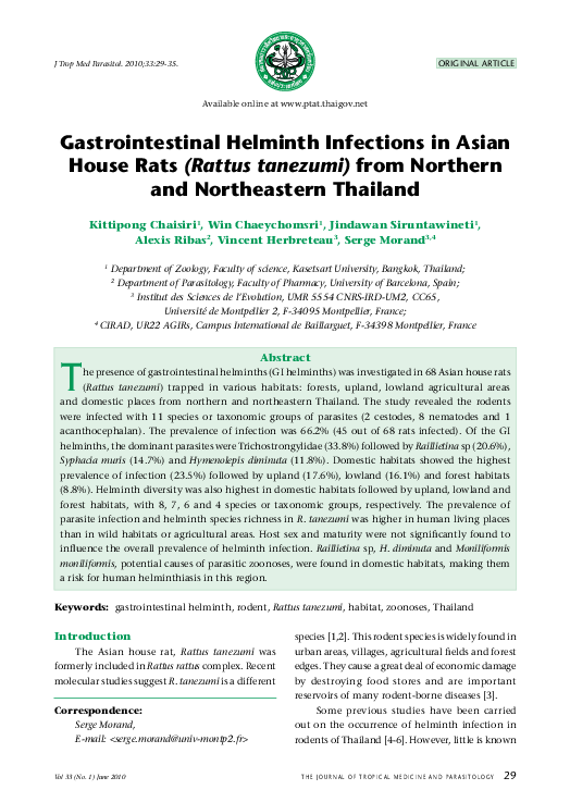 (PDF) Gastrointestinal helminth infections in Asian house rats (Rattus ...
