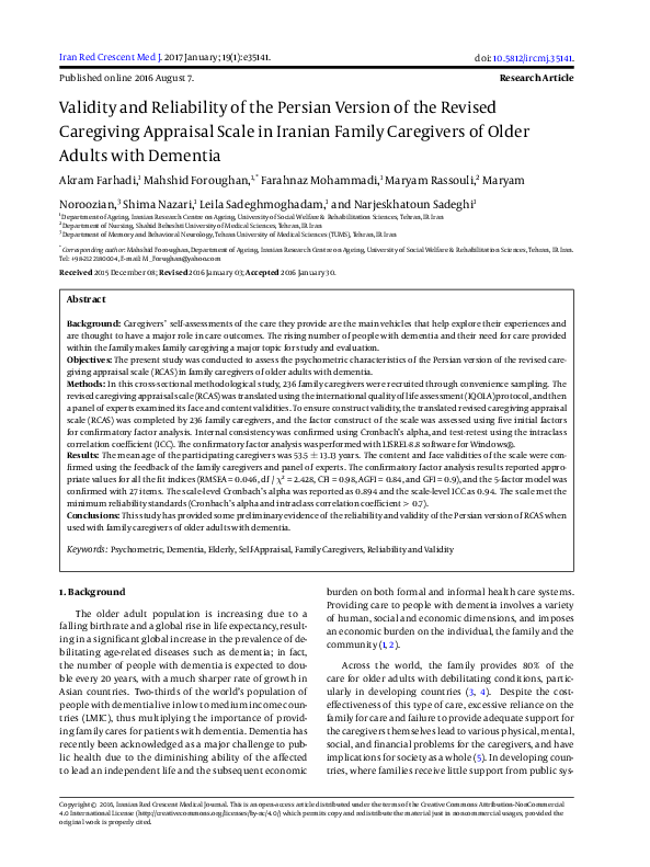 (PDF) Persian RCAS Validity in Dementia Caregiving