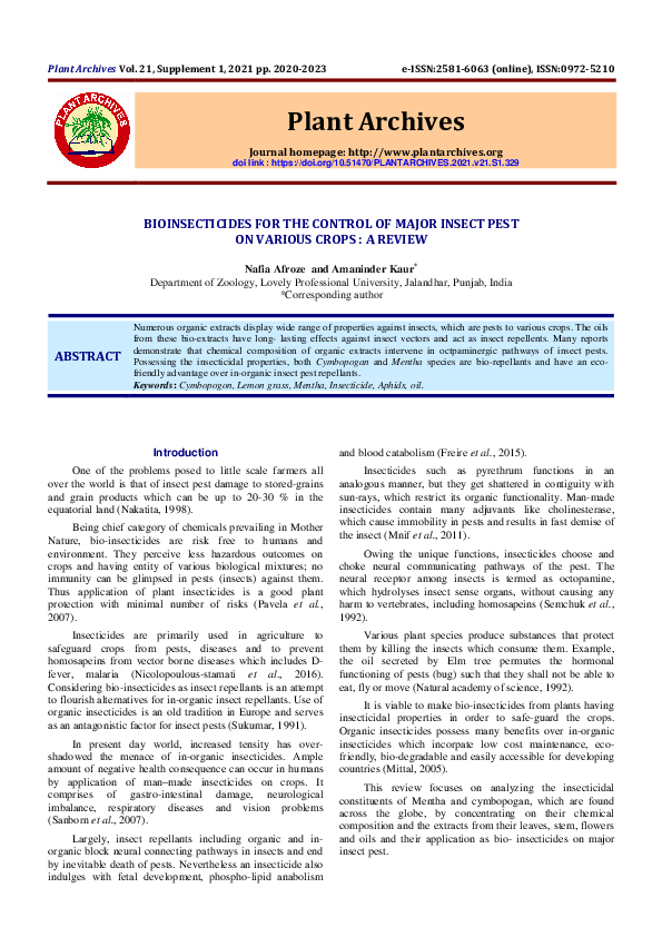 (PDF) Bioinsecticides for the Control of Major Insect Pest on Various ...