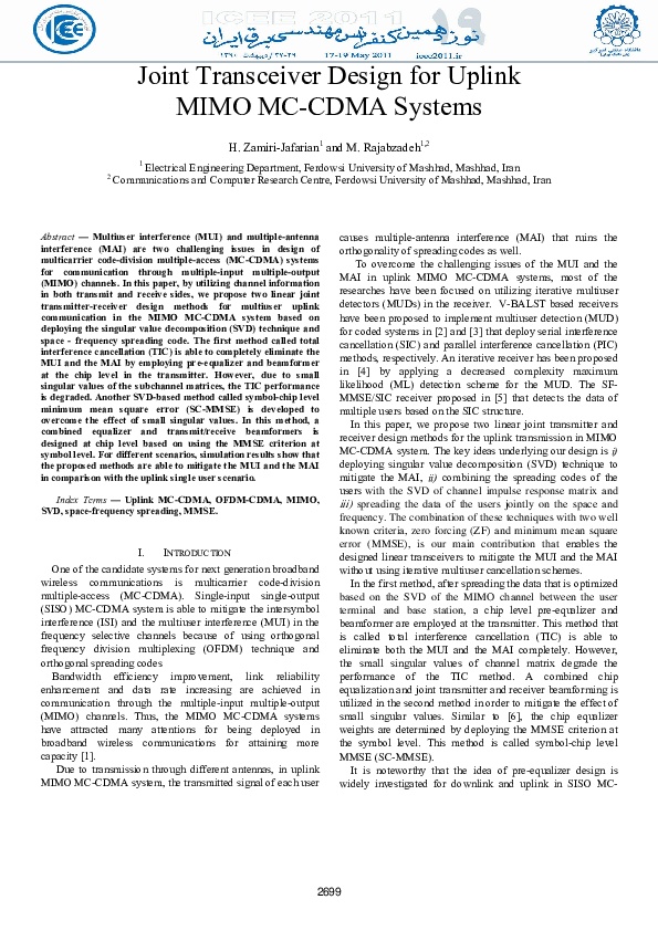 Pdf Joint Transceiver Design For Uplink Mimo Mc Cdma Systems