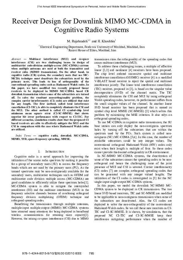 (PDF) Receiver design for downlink MIMO MC-CDMA in cognitive radio systems