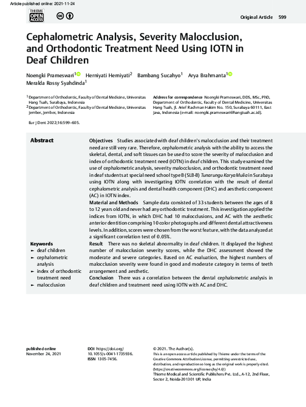 (PDF) Cephalometric Analysis, Severity Malocclusion, and Orthodontic Treatment Need Using IOTN ...