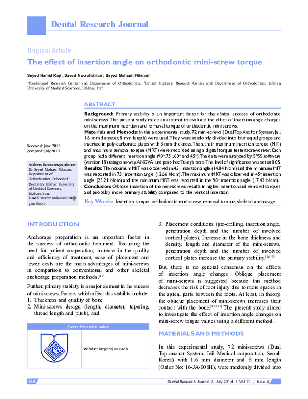 (PDF) The effect of insertion angle on orthodontic mini-screw torque
