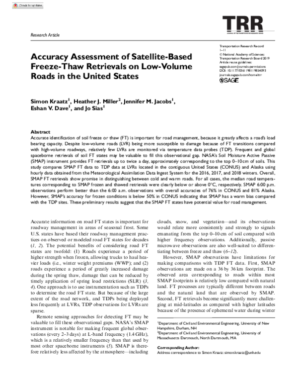 (PDF) Accuracy Assessment of Satellite-Based Freeze-Thaw Retrievals on Low-Volume Roads in the ...
