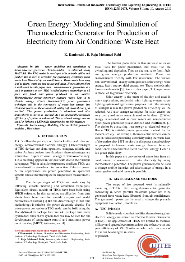 (PDF) Green Energy: Modeling and Simulation of Thermoelectric Generator for Production of ...