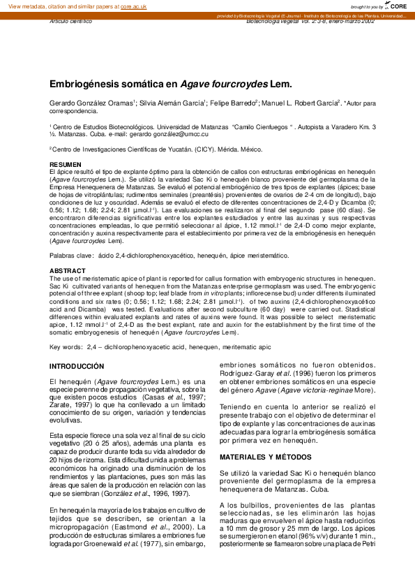 (PDF) Embriogénesis somática en Agave fourcroydes Lem