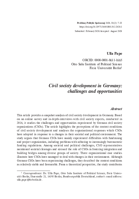 (PDF) Civil society development in Germany: challenges and opportunities