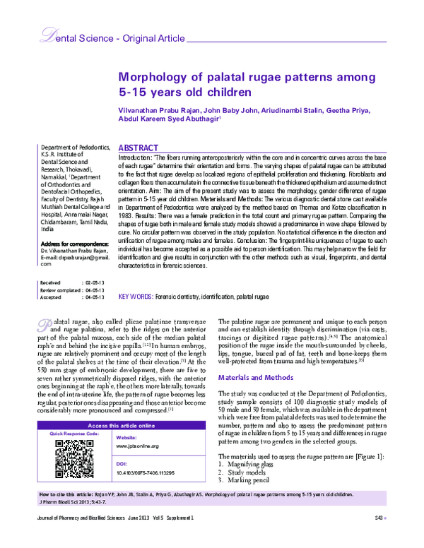 (PDF) Morphology of palatal rugae patterns among 5-15 years old children