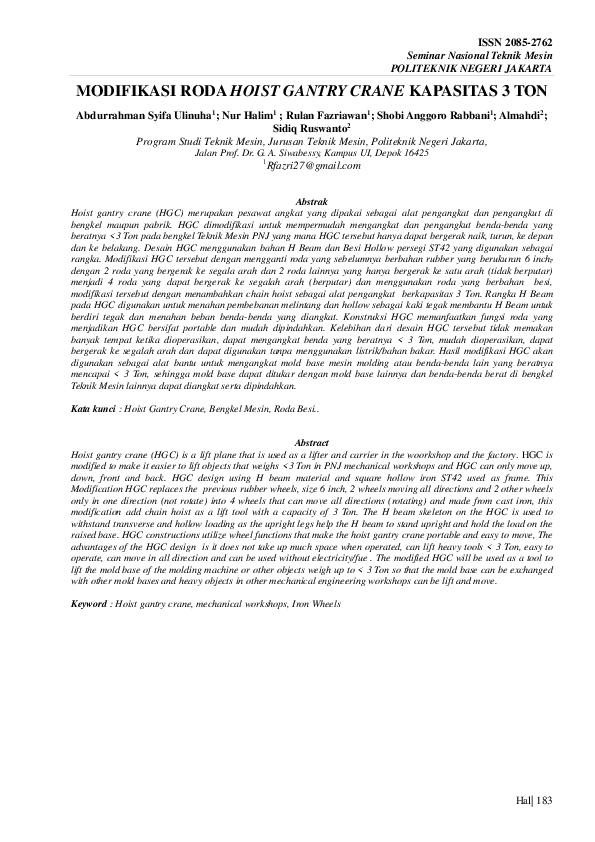 (PDF) Modifikasi Roda Hoist Gantry Crane Kapasitas 3 Ton