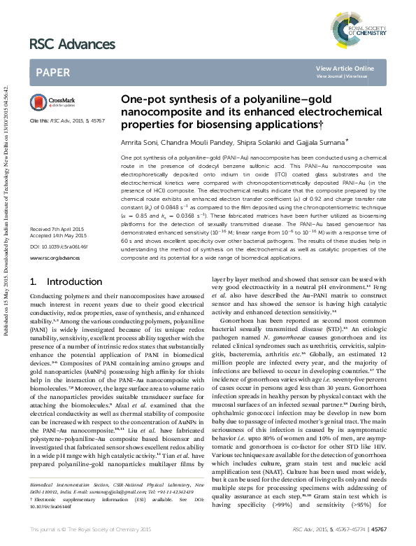 (PDF) One-pot synthesis of a polyaniline–gold nanocomposite and its enhanced electrochemical ...