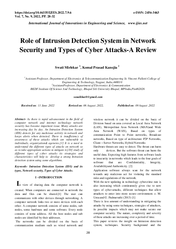 Pdf Role Of Intrusion Detection System In Network Security And Types
