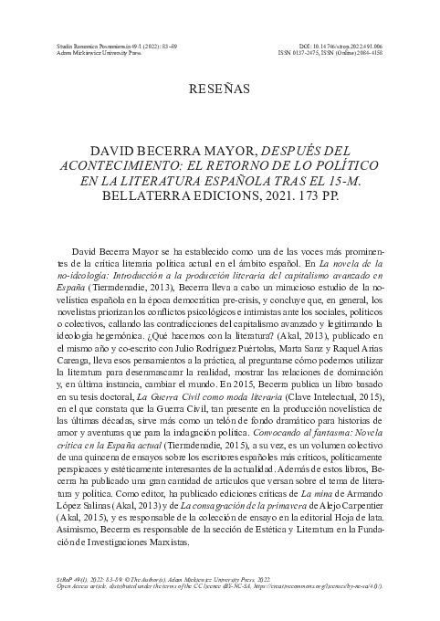 (PDF) David Becerra Mayor, Después del acontecimiento: el retorno de lo político en la ...