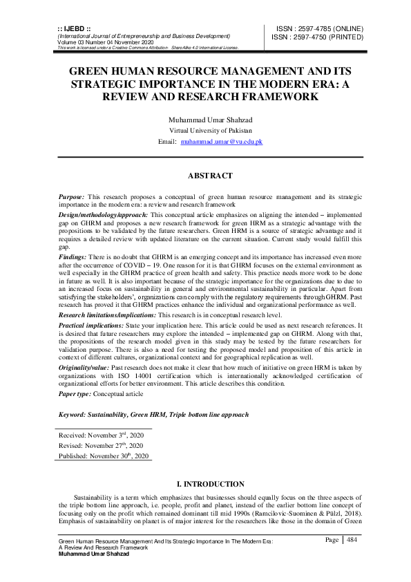 (PDF) Green Human Resource Management and its Strategic Importance in the Modern Era: A Review ...