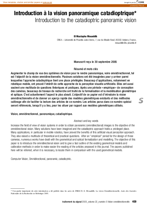 (PDF) Introduction to the catadioptric panoramic vision