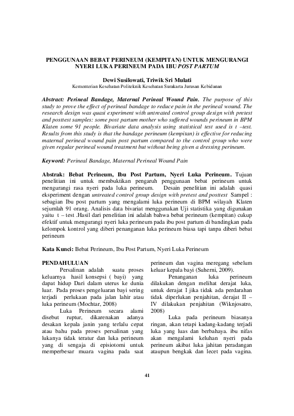 (PDF) Penggunaan Bebat Perineum (Kempitan) Untuk Mengurangi Nyeri Luka ...