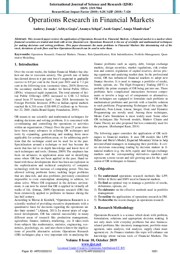 (PDF) Operations Research in Financial Markets